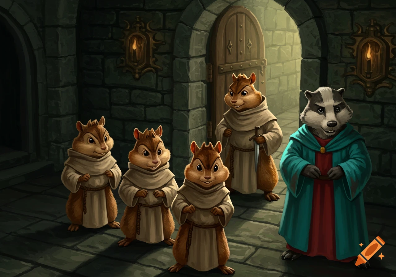 Anthropomorphic chipmunks in monk robes and a badger in a blue robe ...