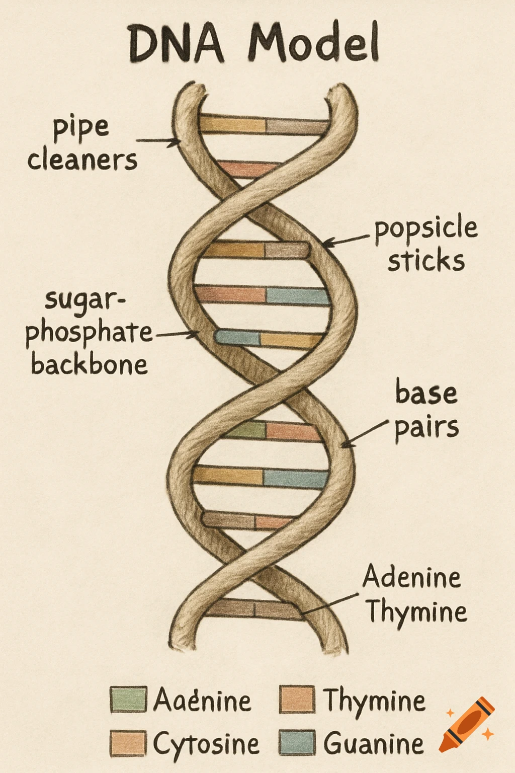Sketch of a DNA model showing labels for its parts and materials, with a color key for base ...