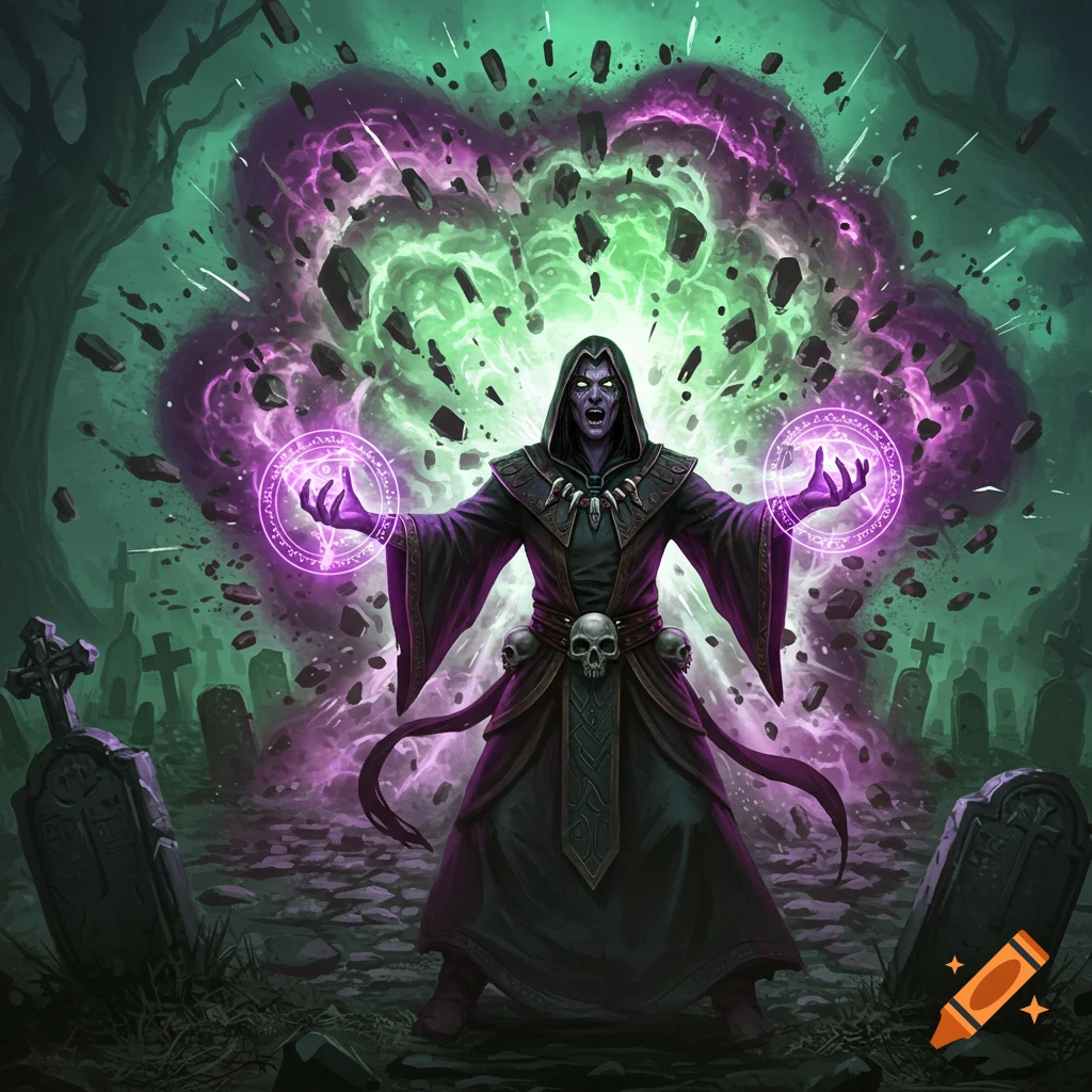 A necromancer in a graveyard casts a spell, causing a magical explosion ...