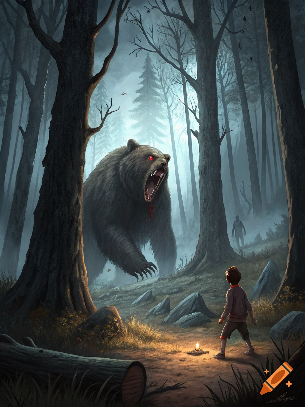 A small boy faces a large, roaring demon bear with red eyes in a dark ...