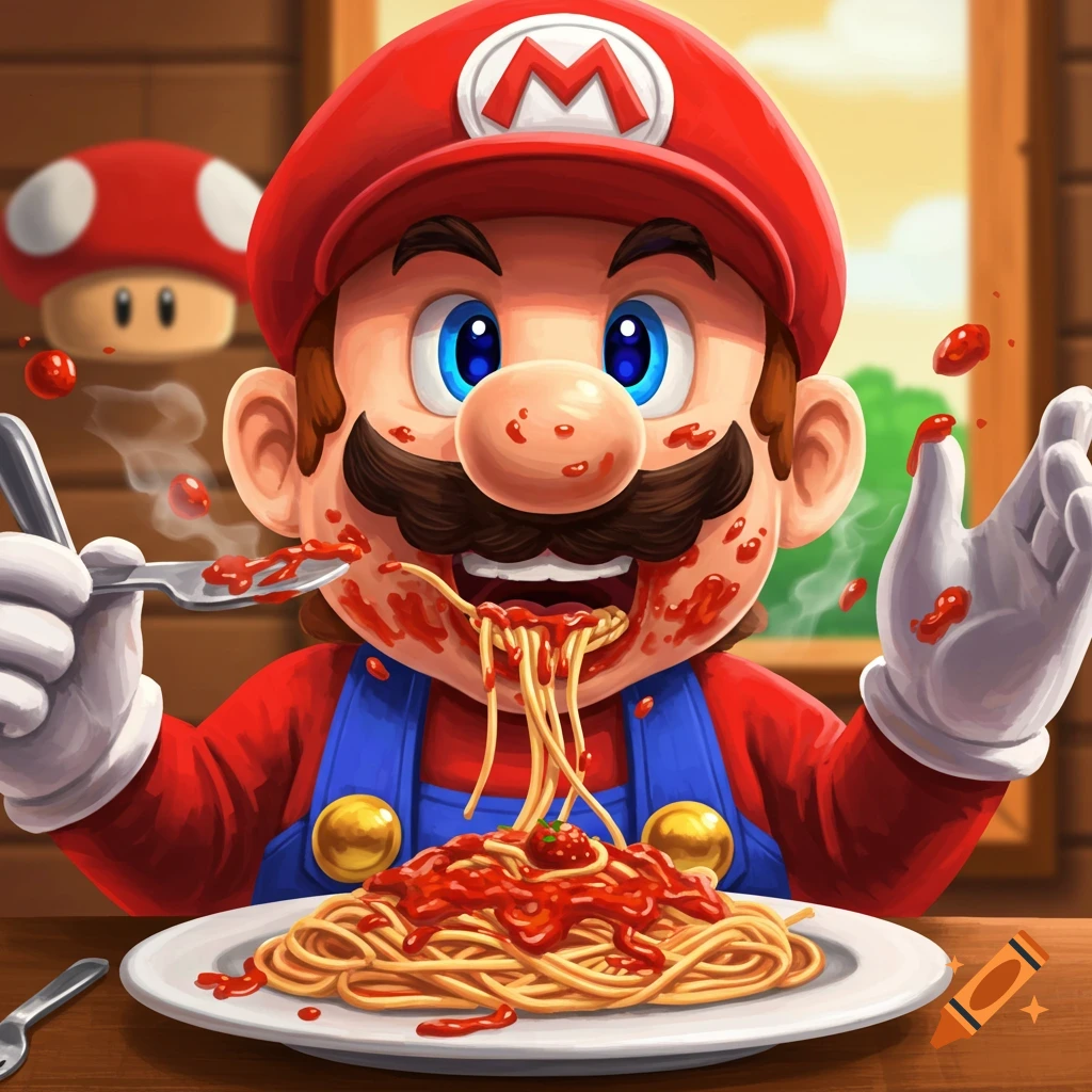 Cartoon illustration of Mario eating spaghetti messily with a fork ...