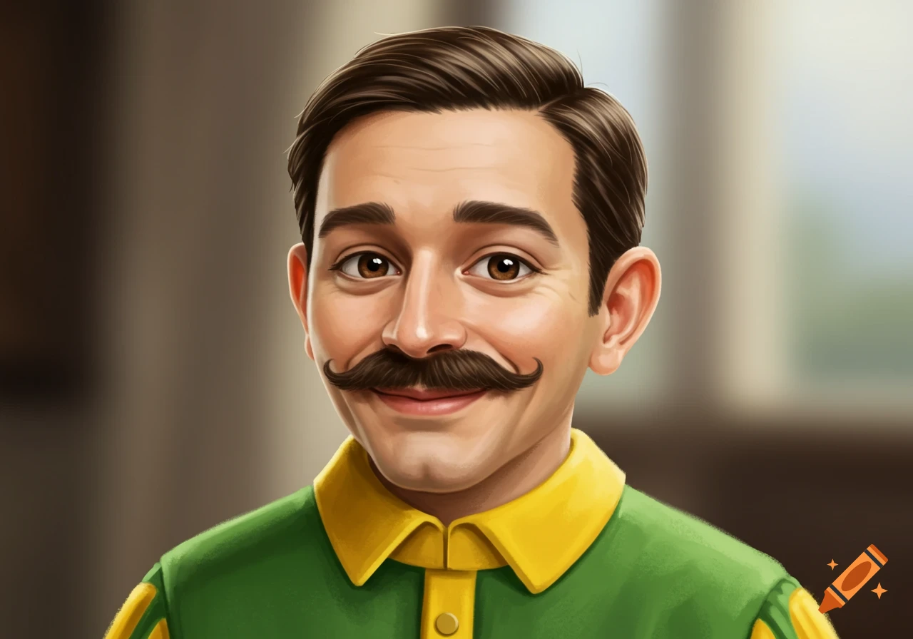 Illustrative portrait of a man with a mustache in a green and yellow ...