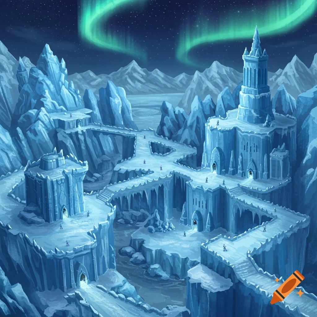 Illustration of a multilevel ice fortress landscape with bridges and ...