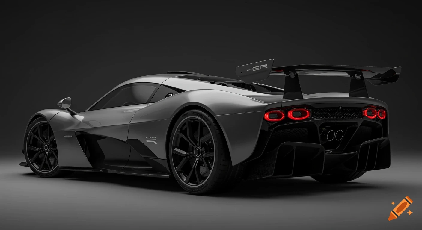 A grey high-performance sports car with a large rear wing sits in a studio. on Craiyon