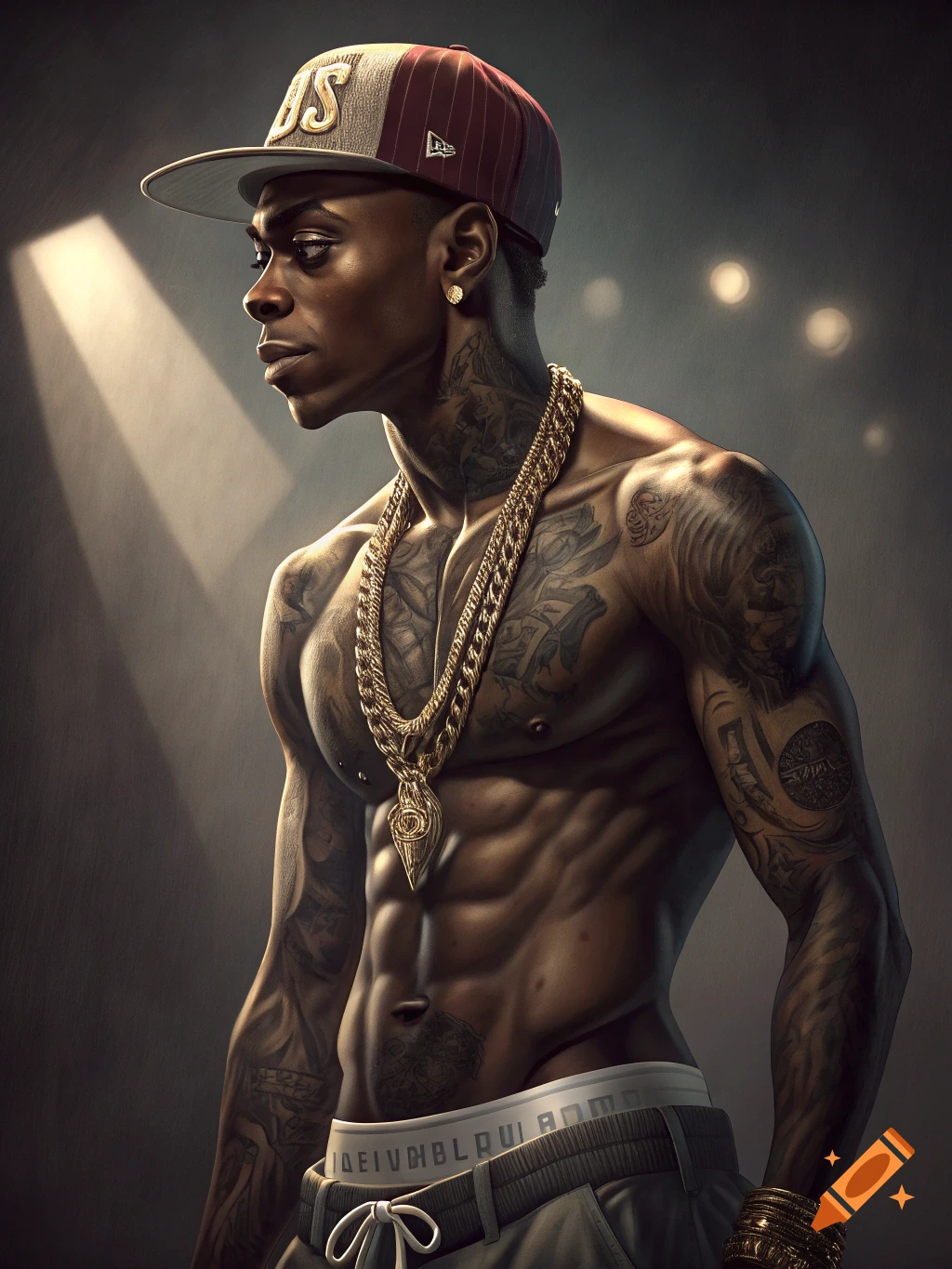 Muscular man with tattoos, gold chains, and cap in a spotlight. on Craiyon