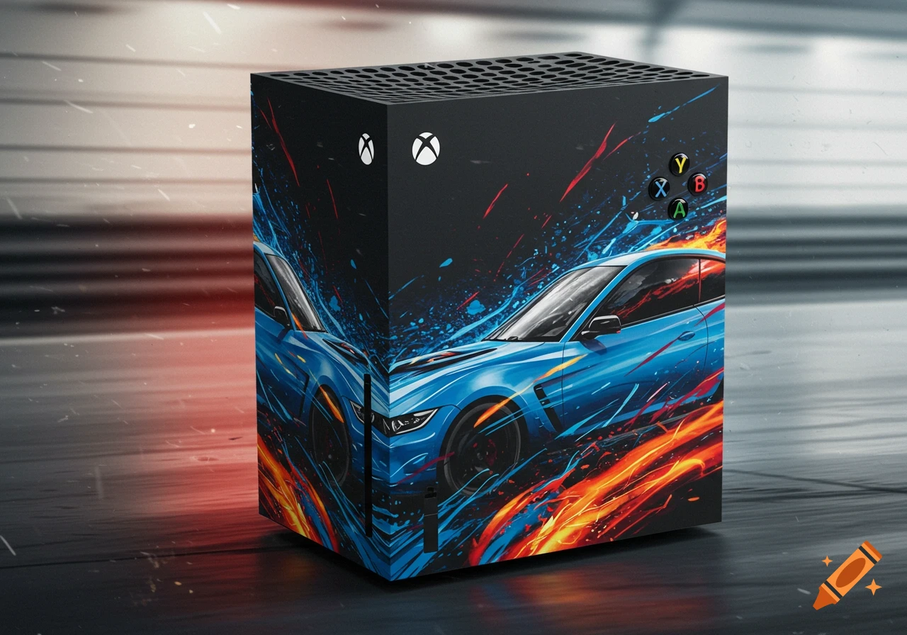 Xbox console customized with blue sports cars and fiery paint splatter ...