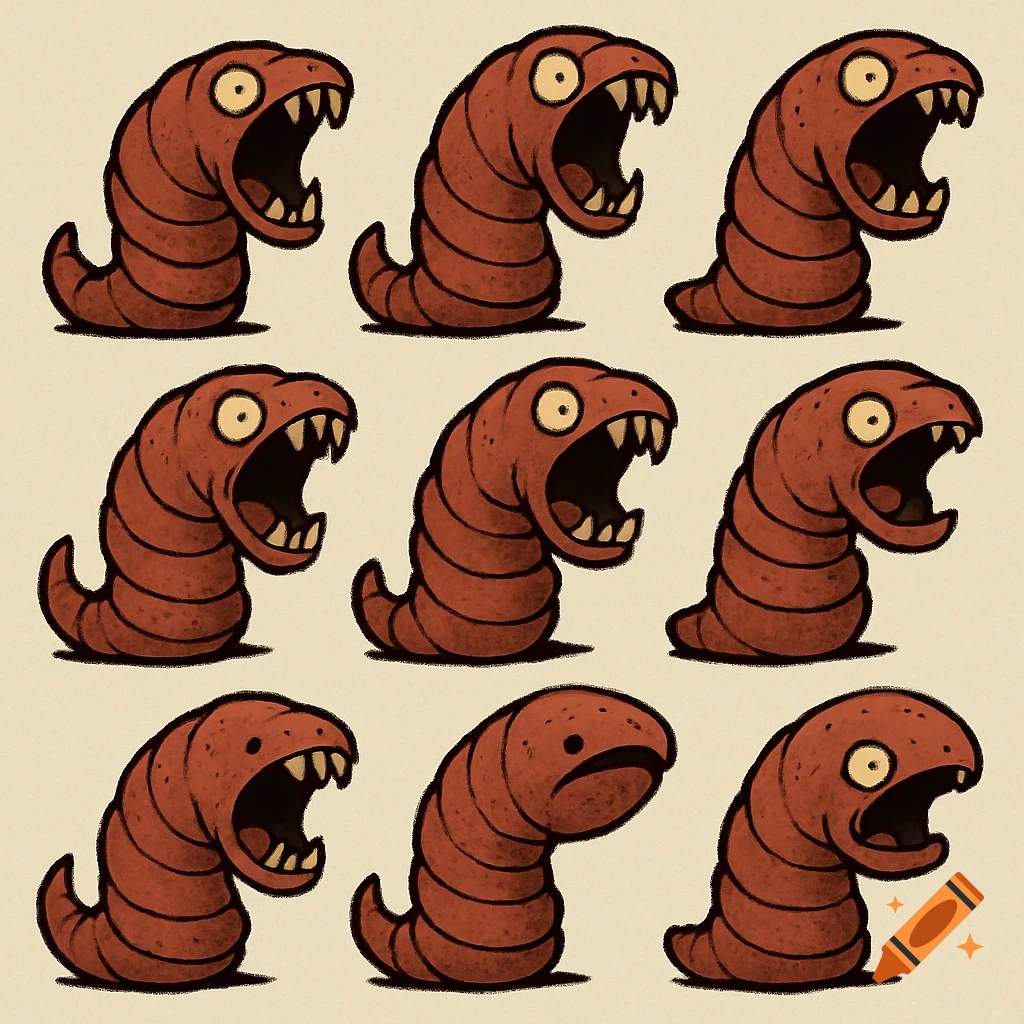 Nine cartoon brown monster worms with sharp teeth and open mouths. on ...