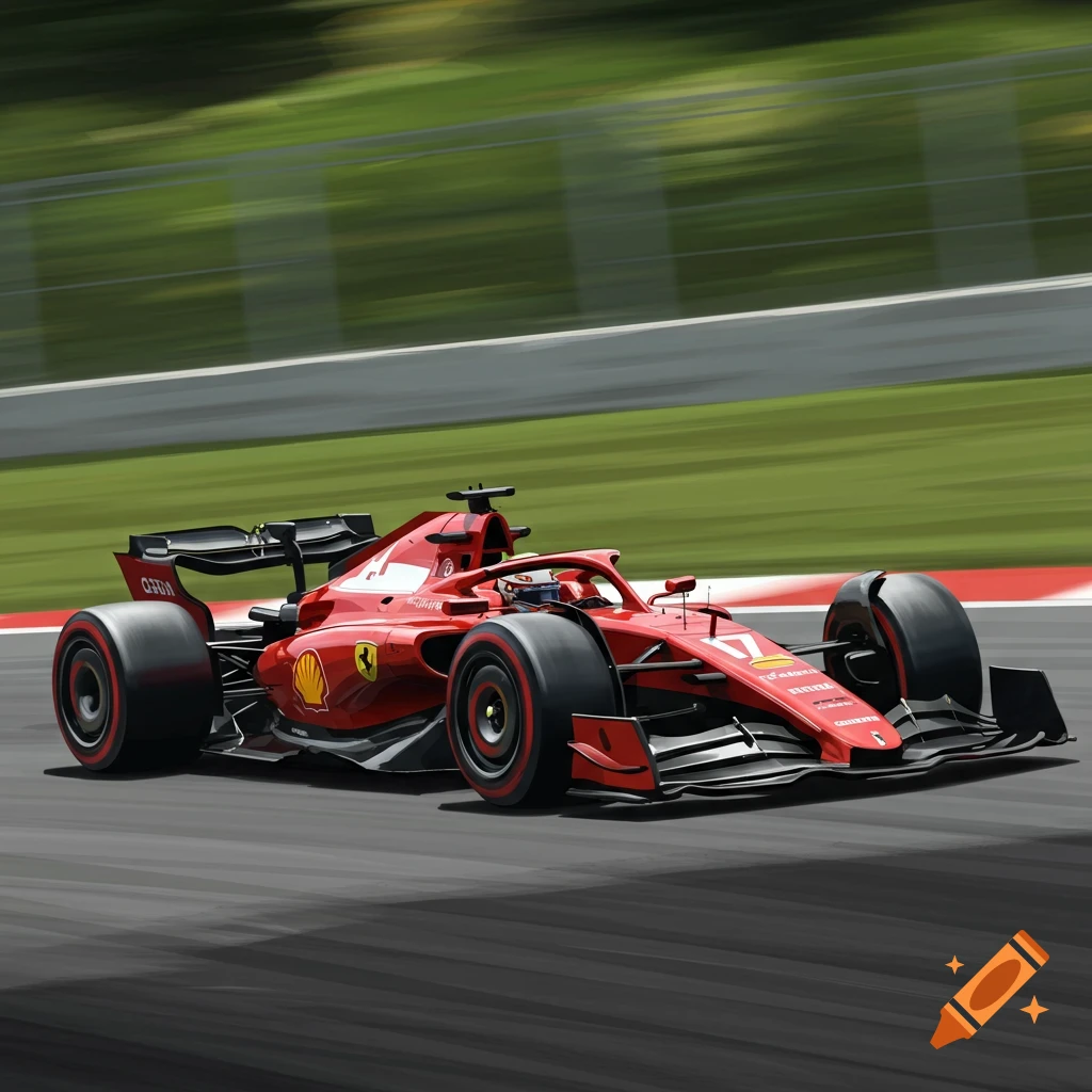 A red Formula 1 race car speeding on a track, illustrated. on Craiyon