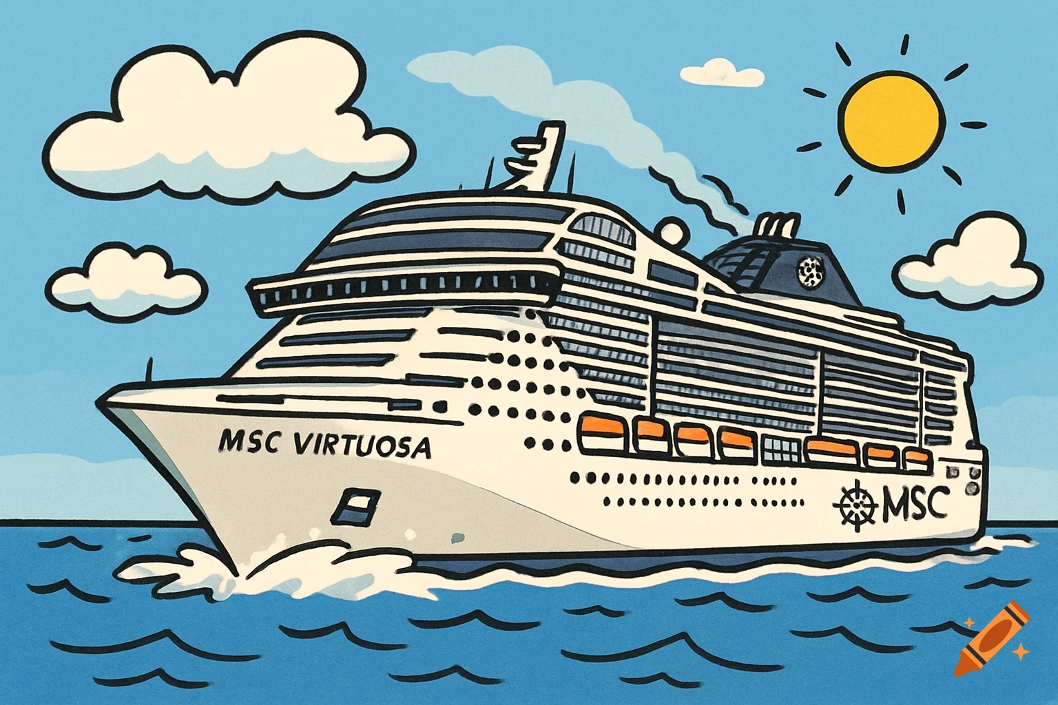 Cartoon drawing of the MSC Virtuosa cruise ship sailing on the sea ...