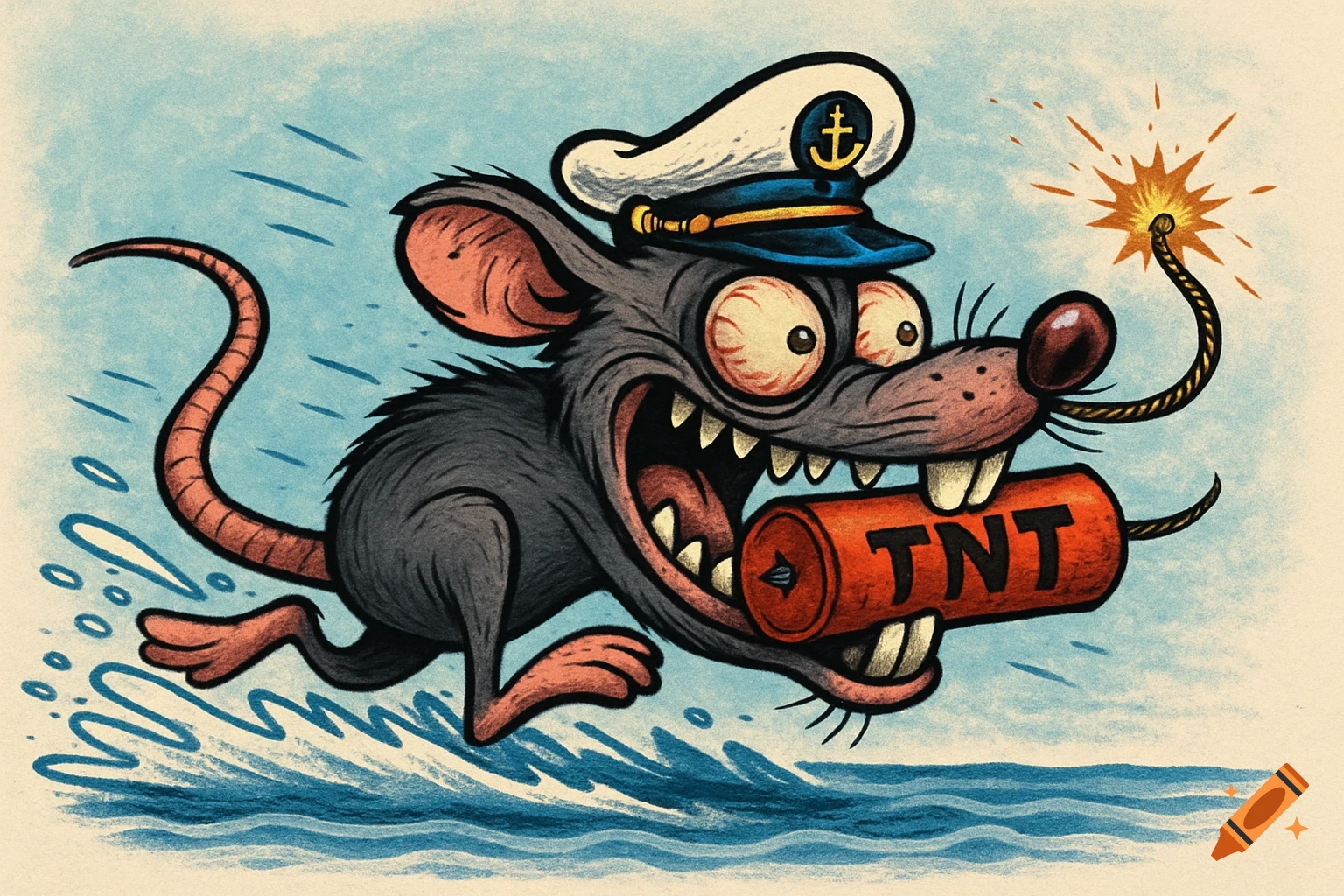 Cartoon rat captain running on water with lit dynamite stick on Craiyon
