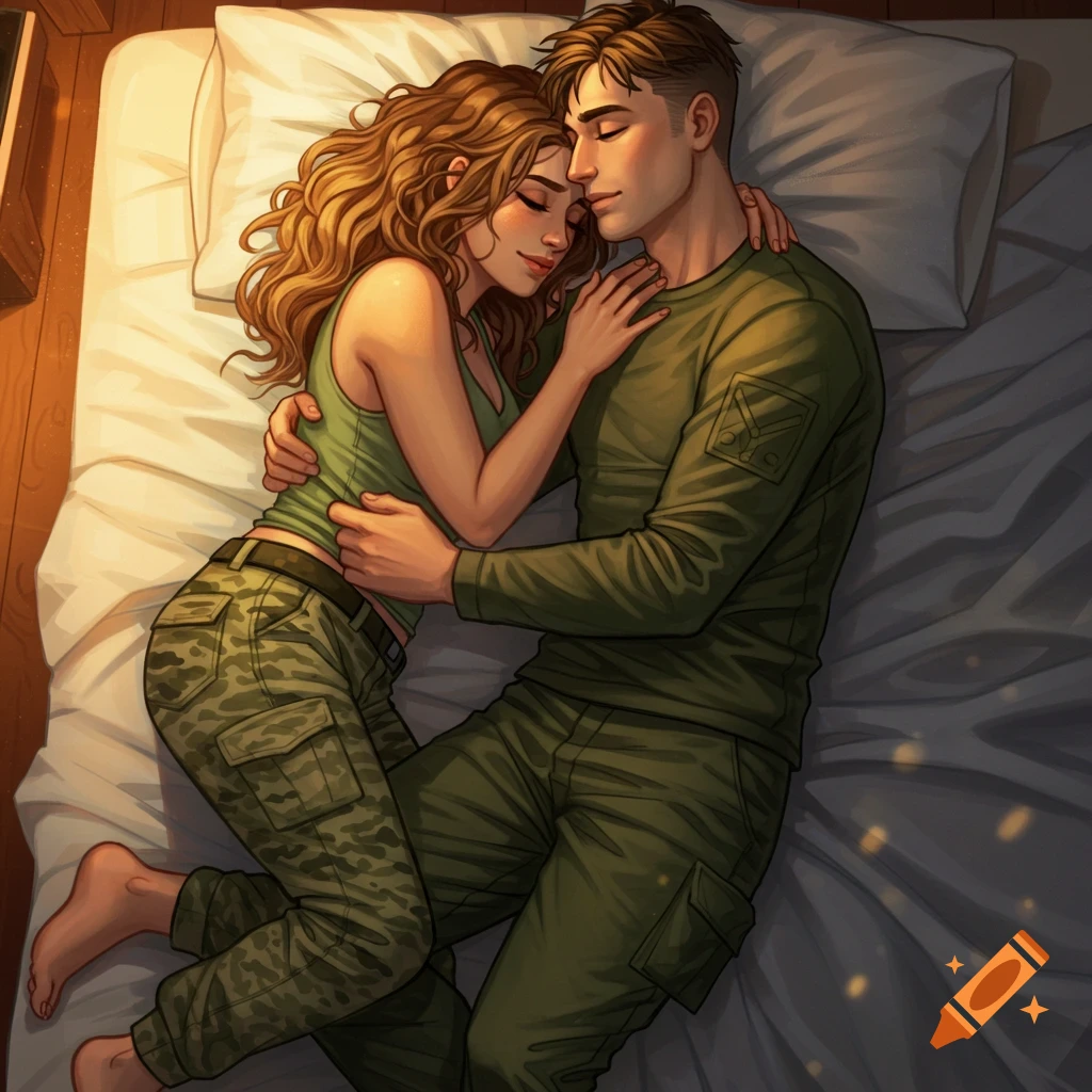 Digital illustration of a couple in military-style clothing cuddling in bed. on Craiyon