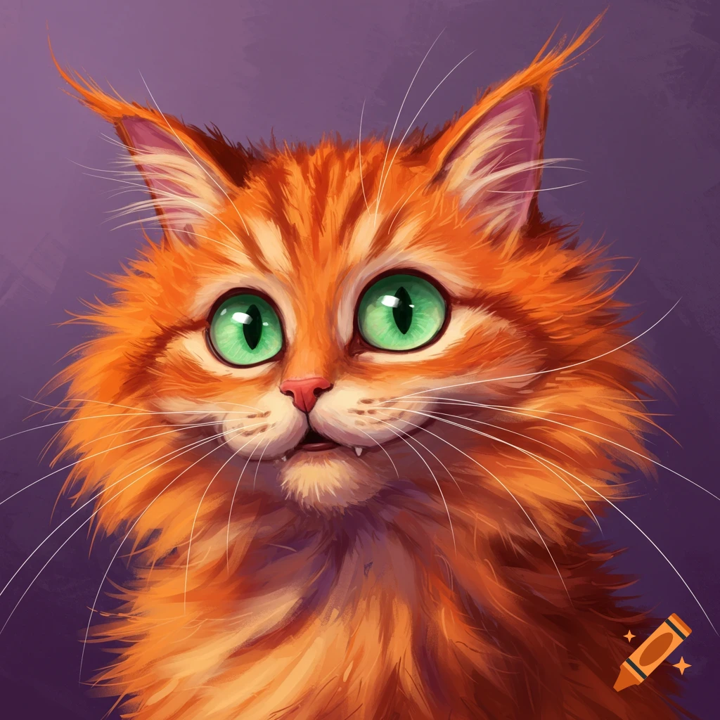 A fluffy orange cartoon cat with big green eyes against a purple ...