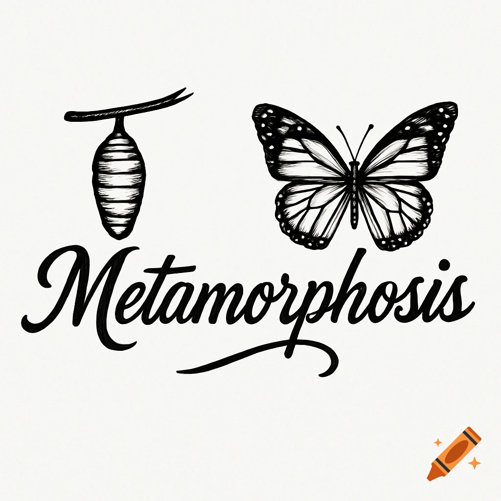 Black and white illustration logo showing a cocoon, a butterfly, and ...