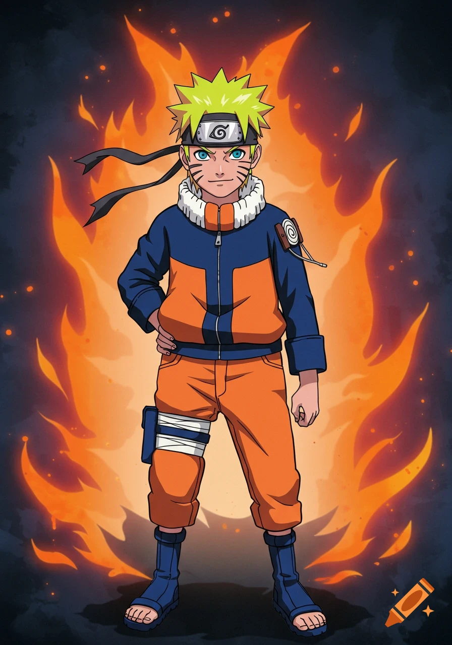 Anime illustration of Naruto Uzumaki standing with flames around him ...
