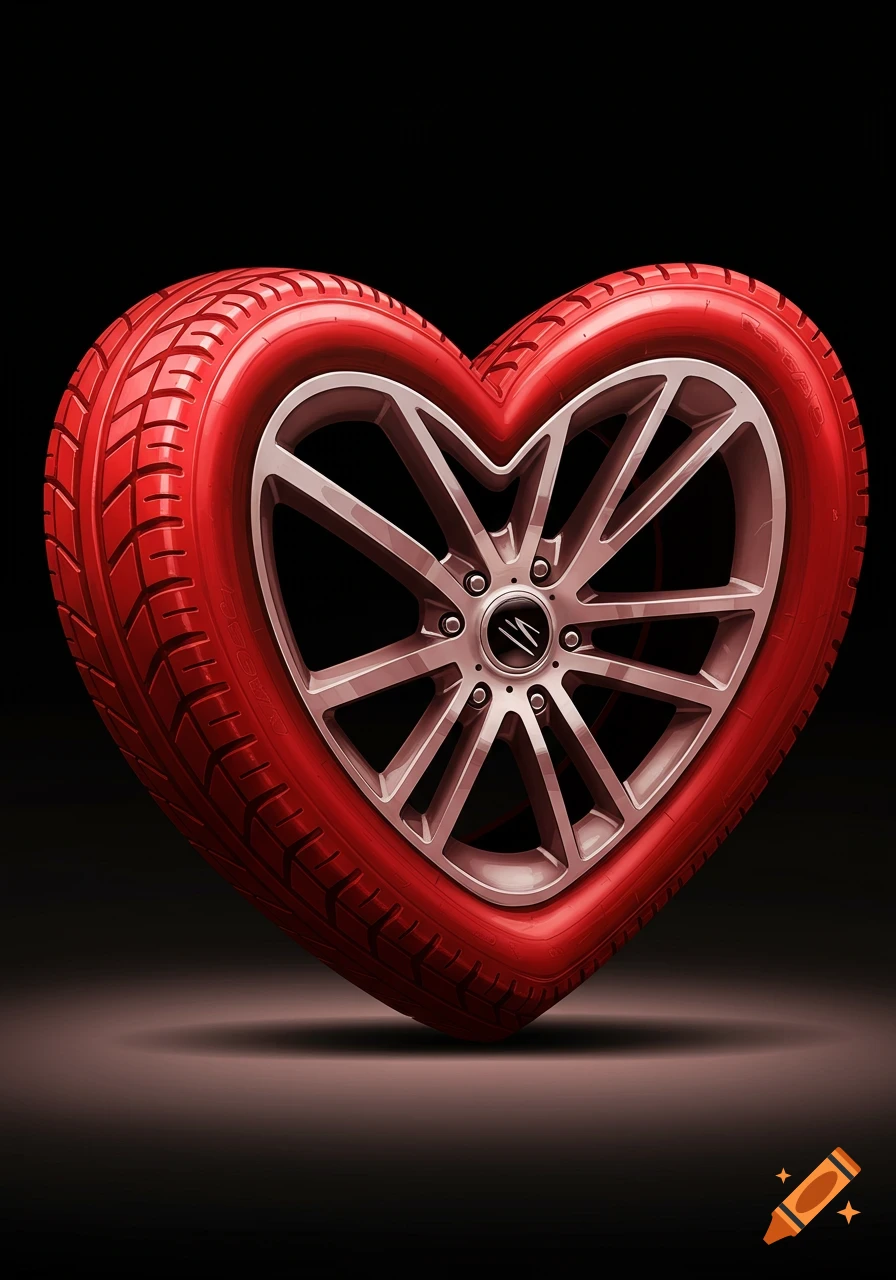 A red car tire shaped like a heart with a silver rim inside, against a ...