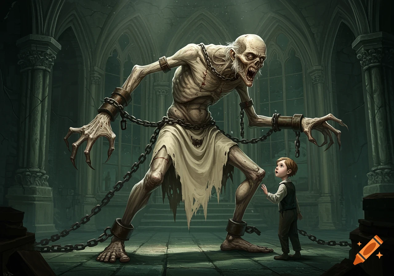 A skeletal monster chained in a gothic hall looms over a small boy. on ...
