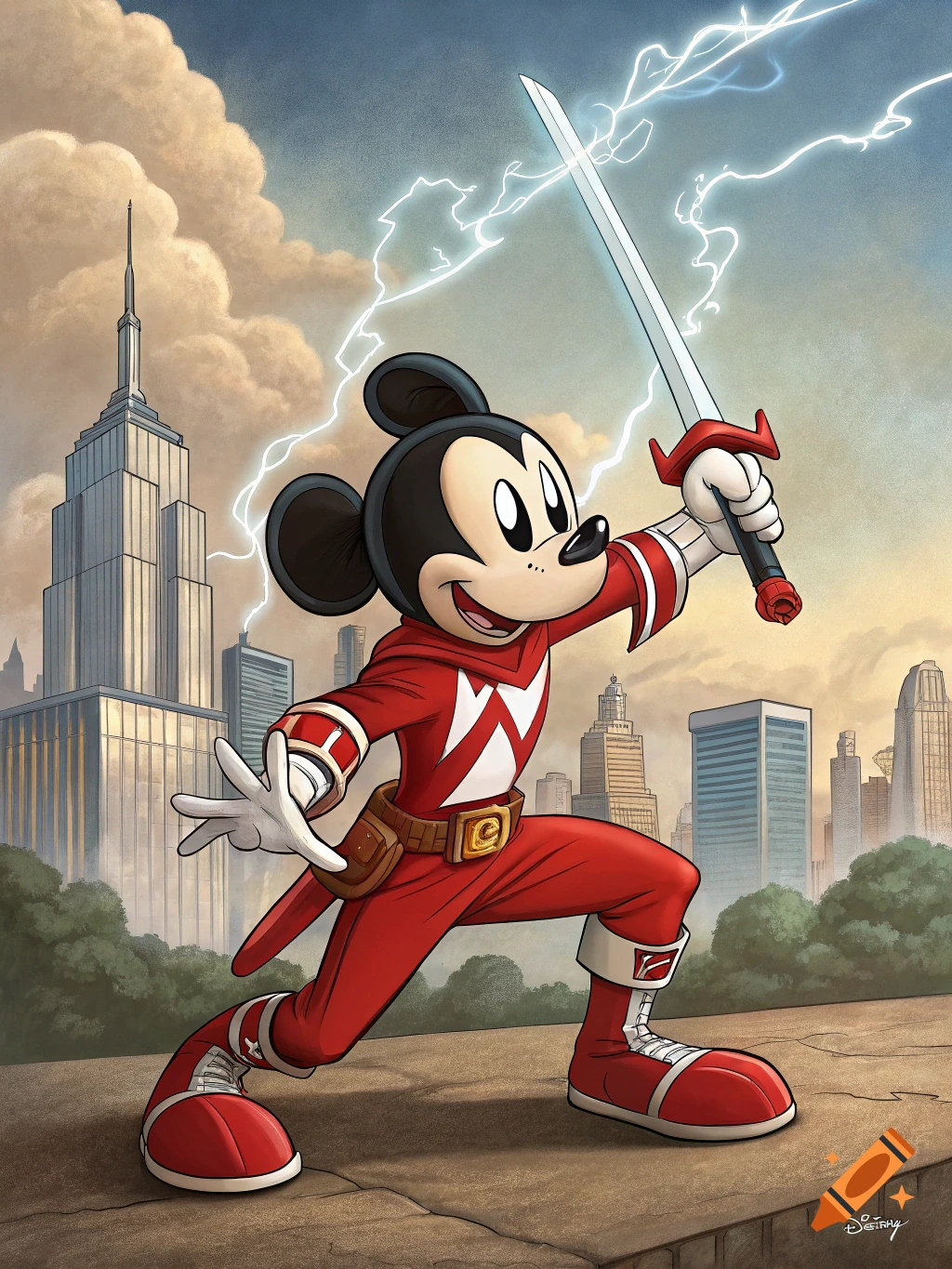 Mickey Mouse in a red Power Ranger suit holds a sword with lightning ...