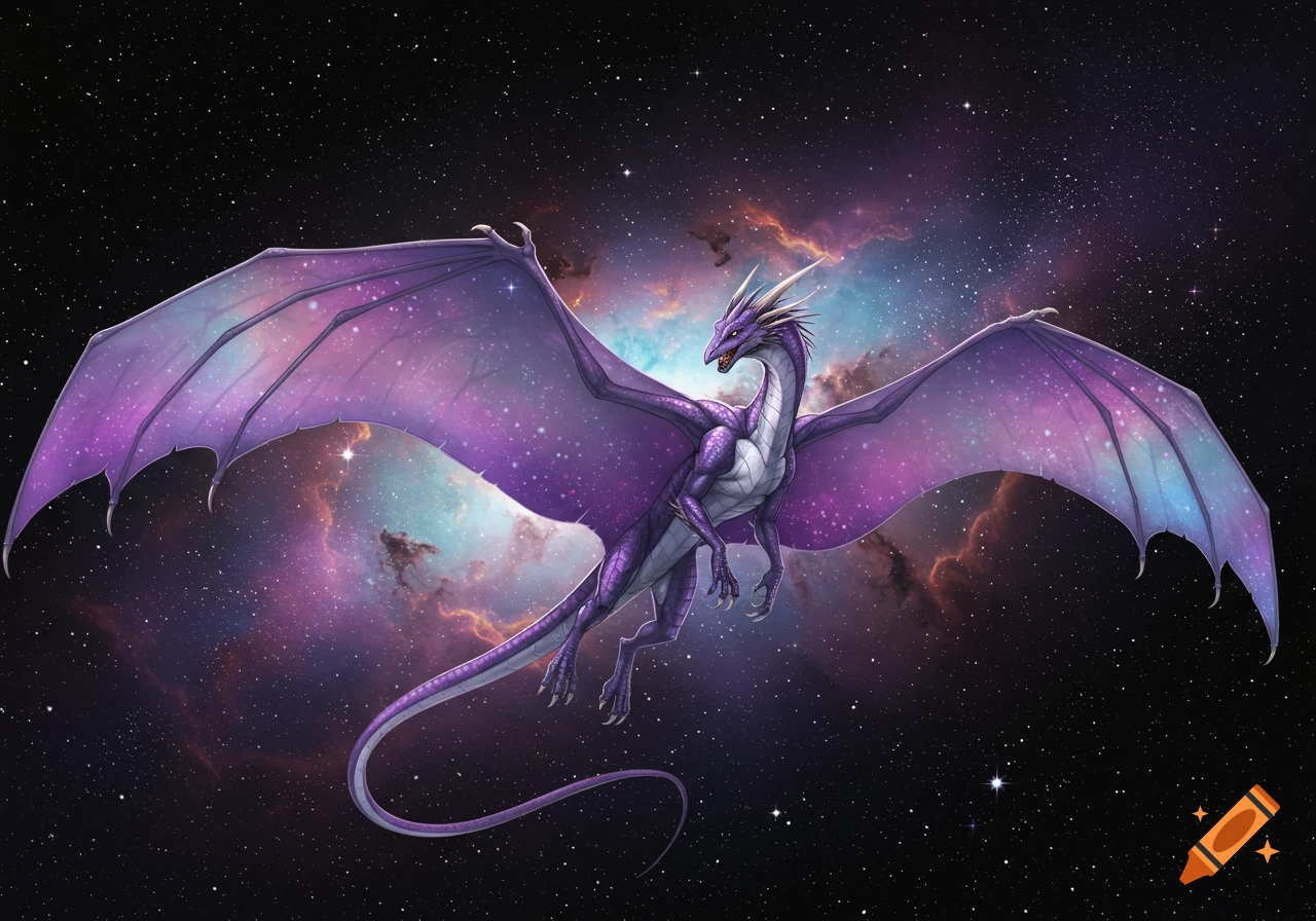 A purple and silver dragon flies through space among stars and nebulae. on Craiyon