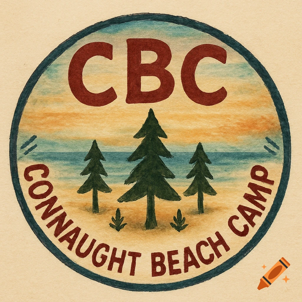 Circular logo for Connaught Beach Camp with CBC text, beach, ocean, and ...