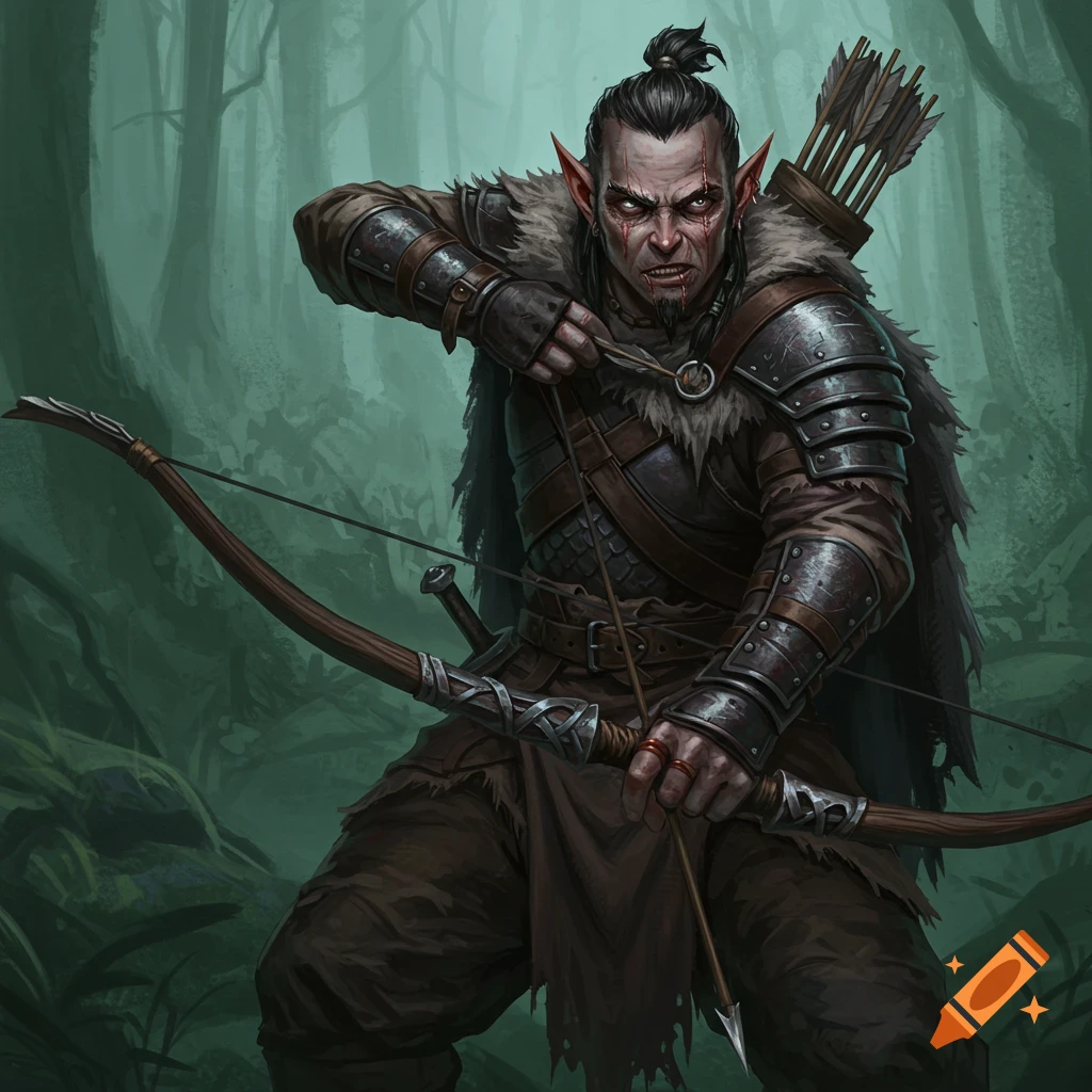 Digital painting of a fantasy archer with scars aiming a bow in a ...