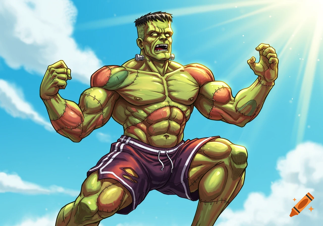 Athletic Frankenstein monster flexing muscles in a comic art style ...