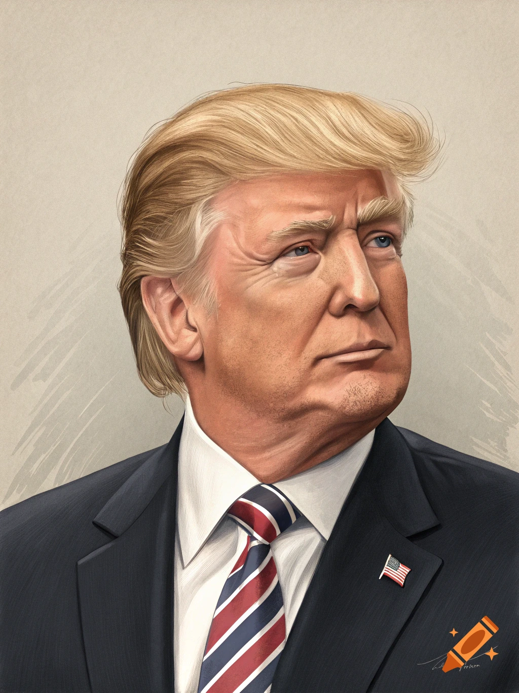 Stylized portrait illustration of Donald Trump in a suit and tie. on ...