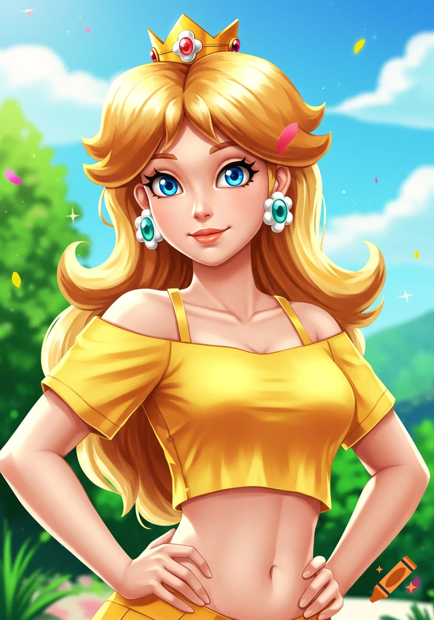 Illustration of Princess Daisy in a yellow crop top, smiling on Craiyon