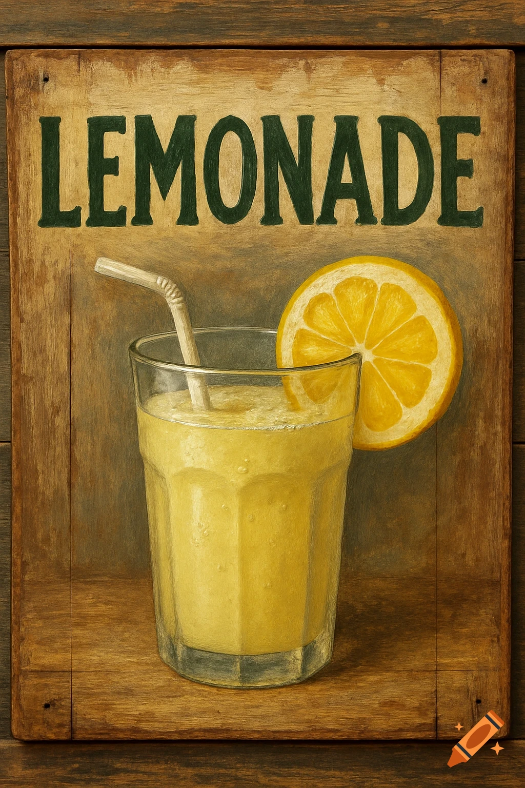 Lemonade sign with a glass of lemonade, straw, and lemon slice on a ...