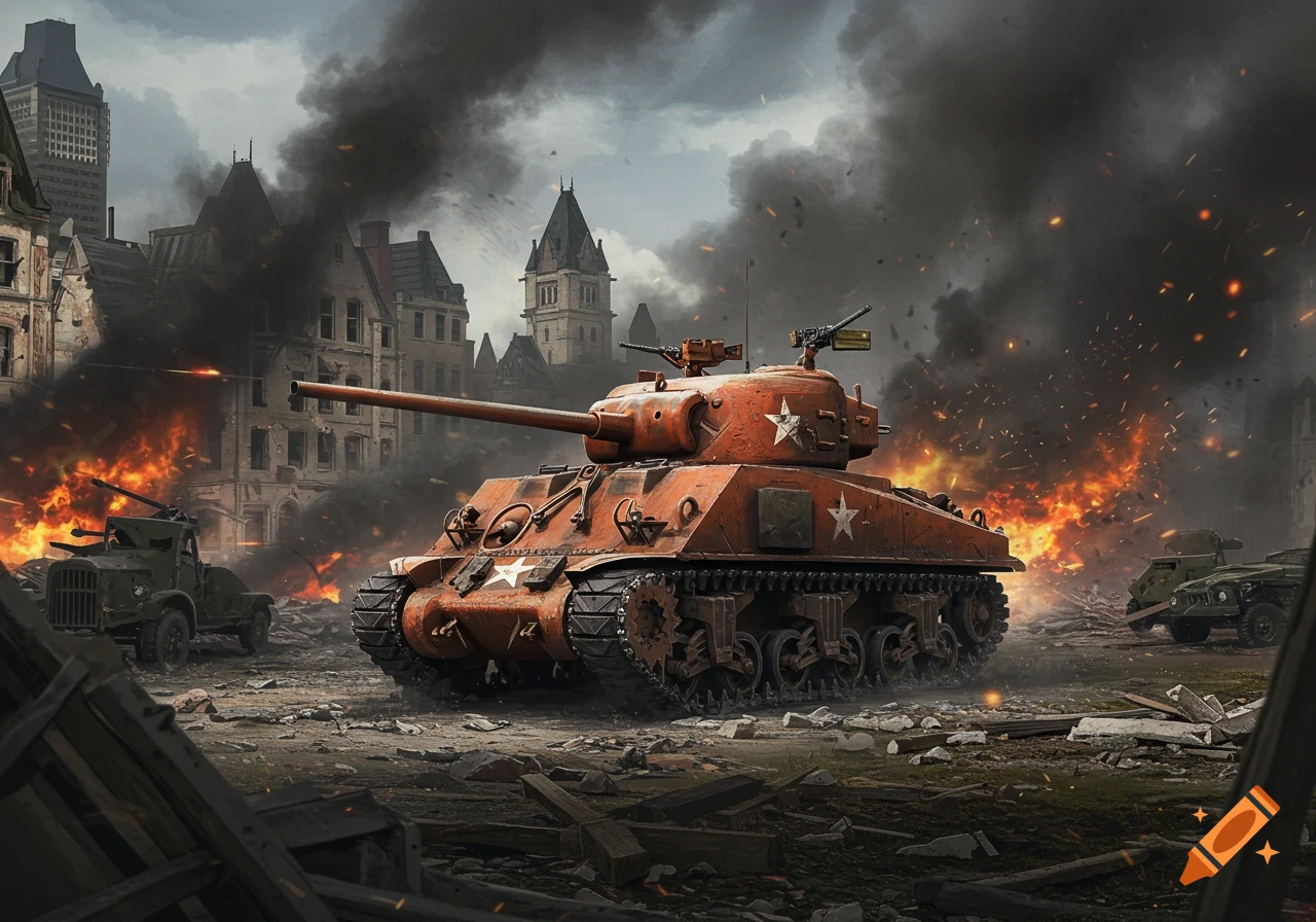 An orange Sherman tank in a destroyed city amid fire and smoke. on Craiyon