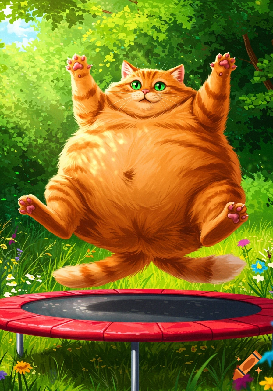 Illustration of a fat orange cat jumping high on a red trampoline in a ...