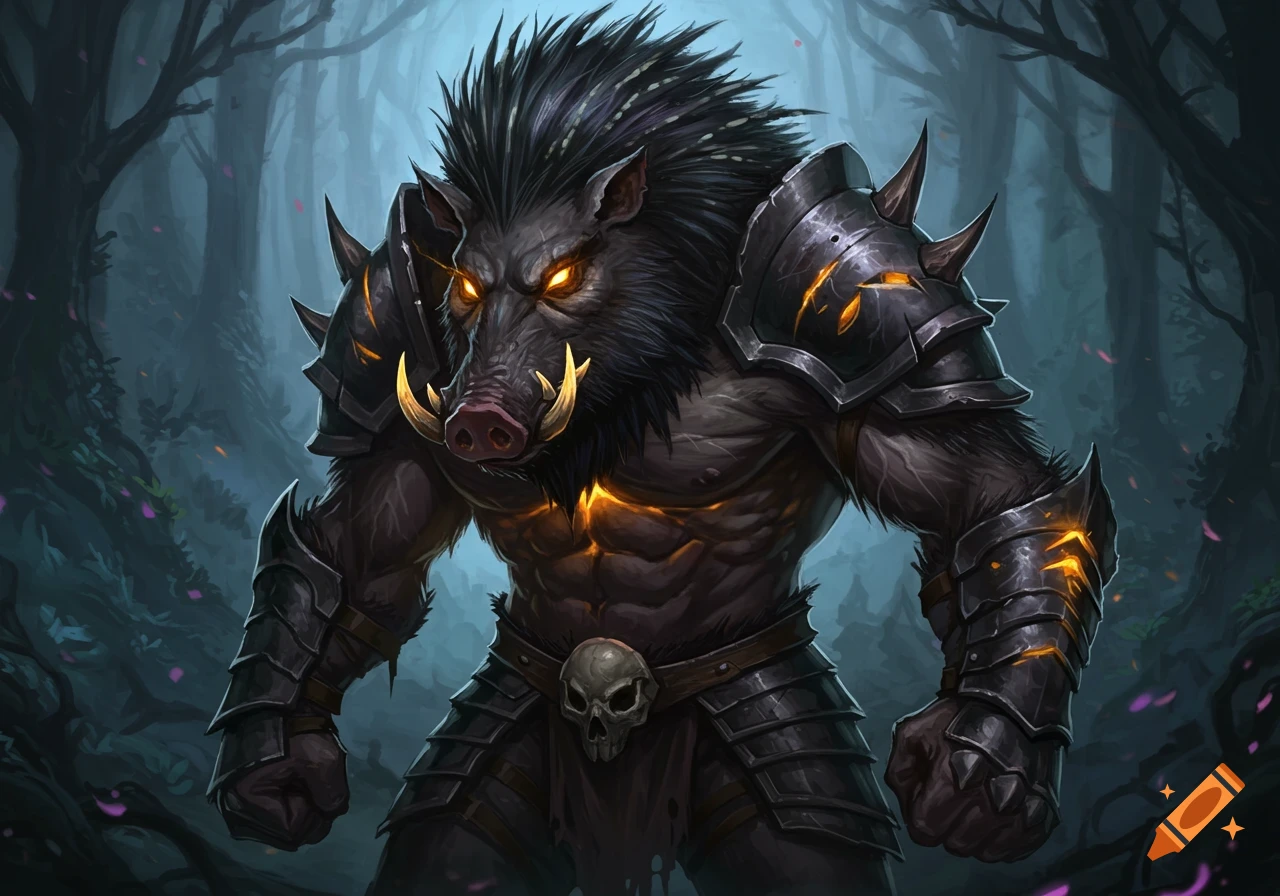 Dark fantasy portrait of an armored boar-like creature in a forest. on ...