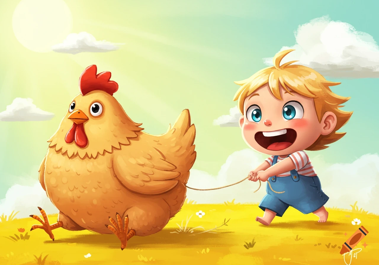 A cartoon illustration of a child pulling a large chicken by a string ...