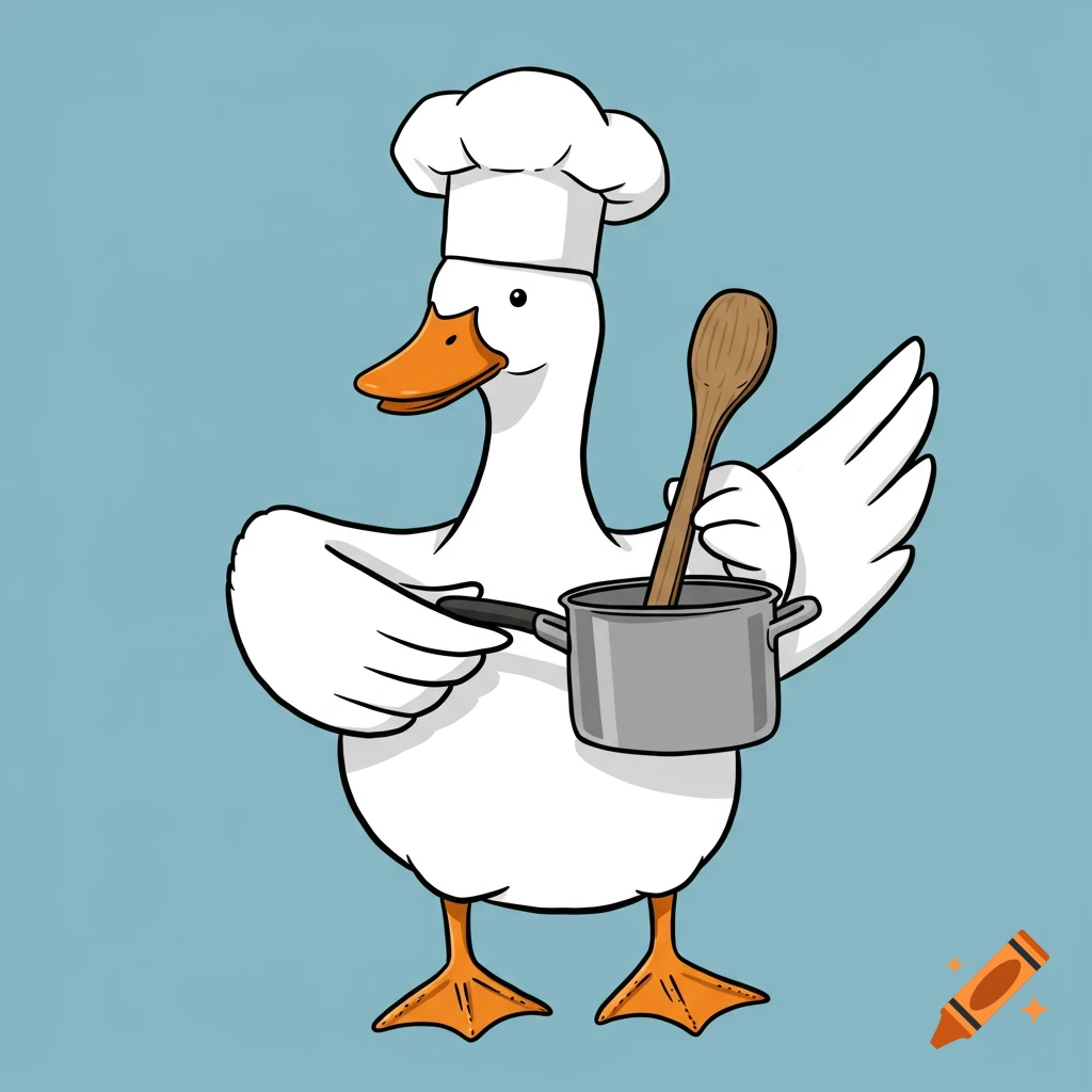 A cartoon white duck chef holds a pot and spoon. on Craiyon