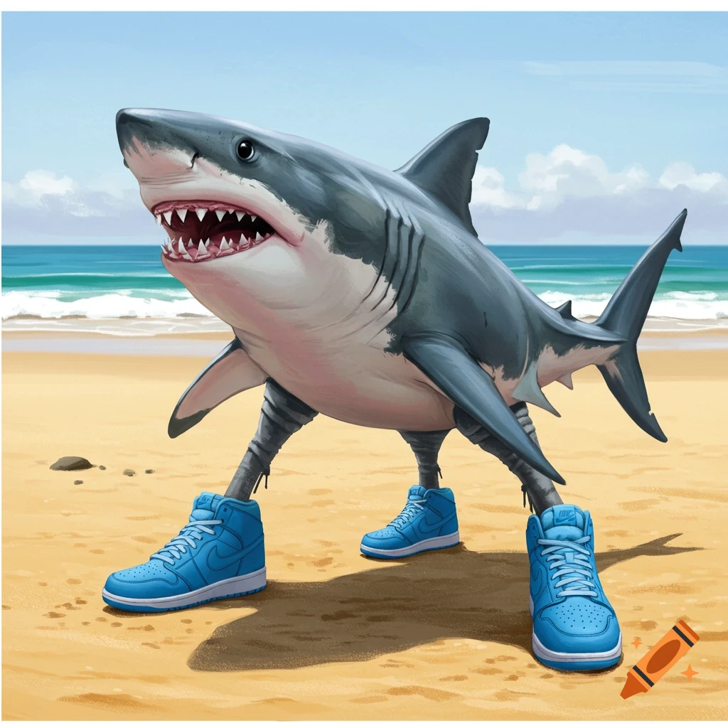 A shark stands on a sandy beach wearing three blue sneakers. on Craiyon