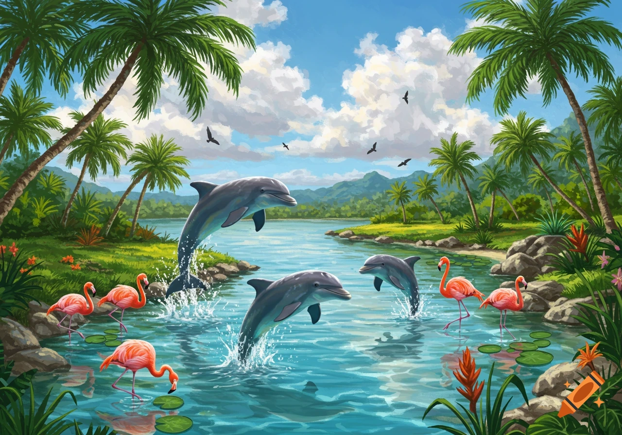 Dolphins leap from a tropical river with flamingos and palm trees in an ...