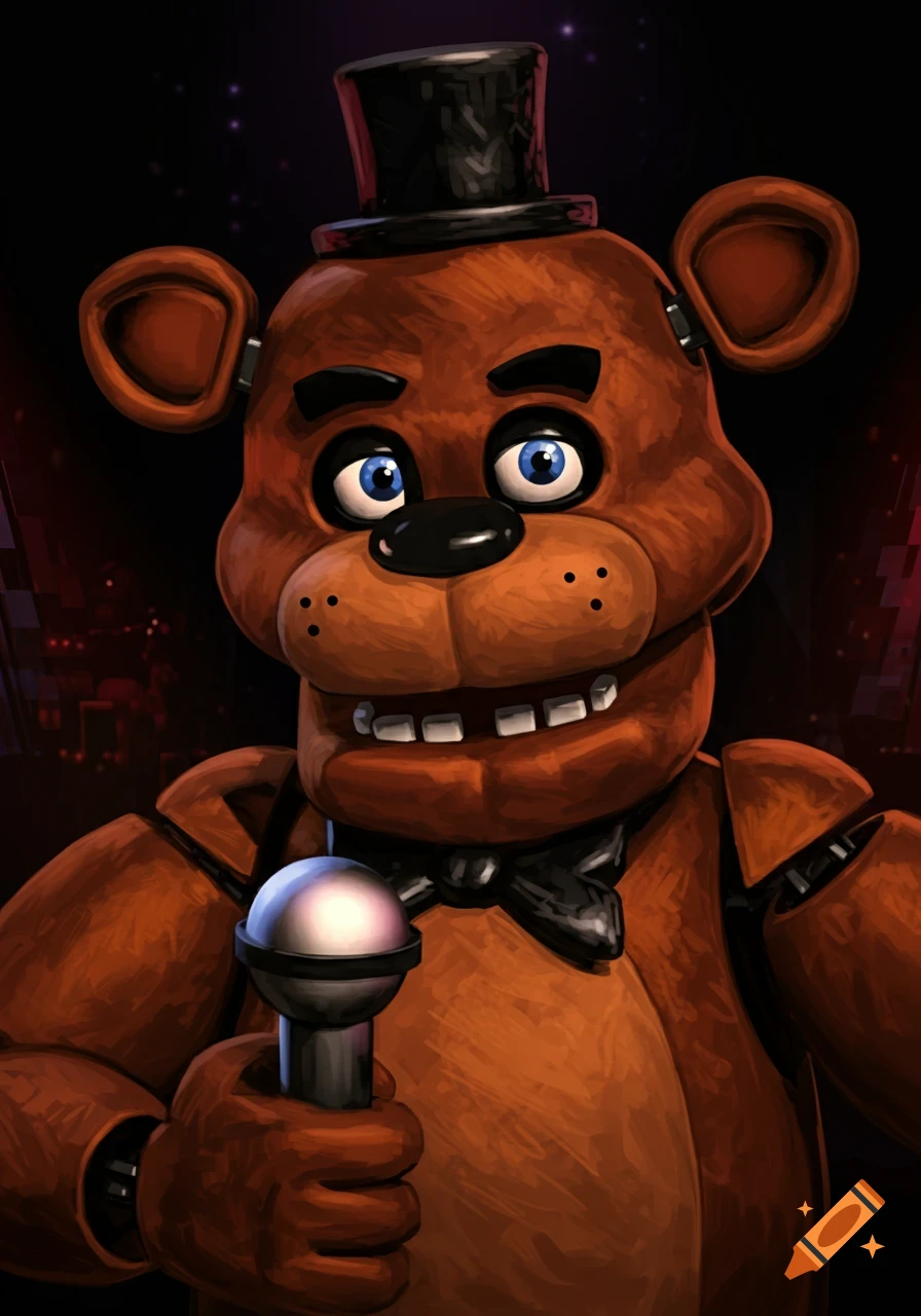 Close-up portrait of Freddy Fazbear holding a microphone, in a ...