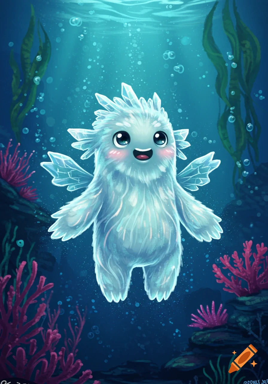 A cute crystal creature floats underwater among coral. on Craiyon