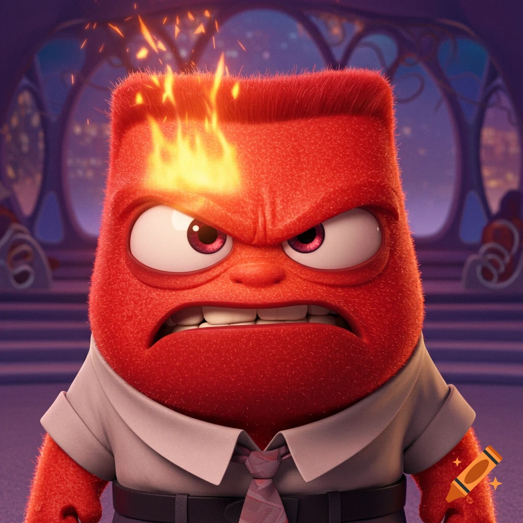 Close-up of Anger from Inside Out looking furious with flames on his ...