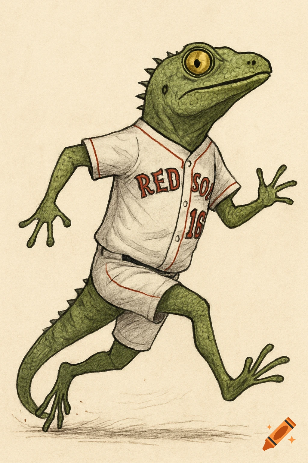 A running green lizard wearing a white Red Sox baseball jersey with ...