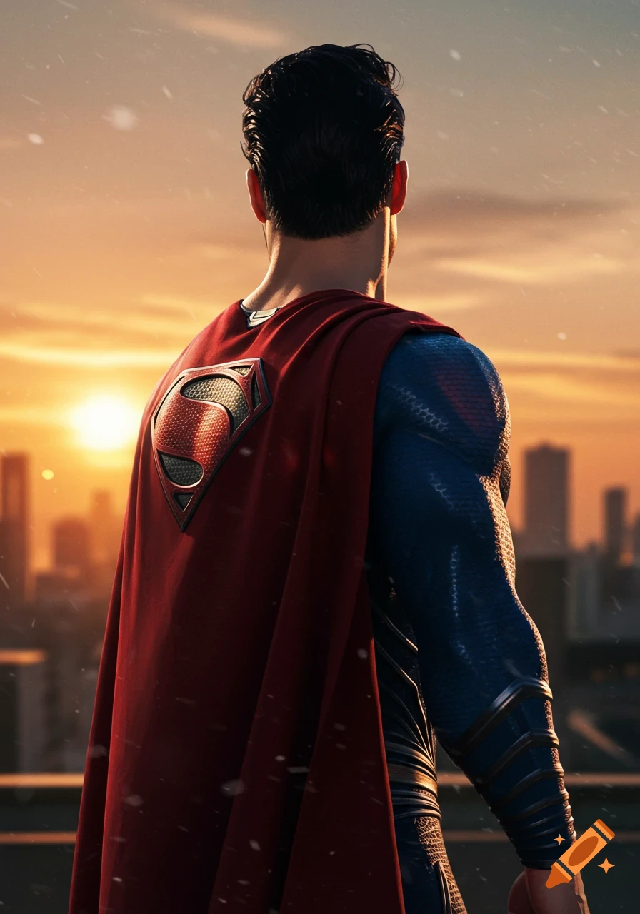 Superman stands on a rooftop, back to camera, watching the sunset over ...