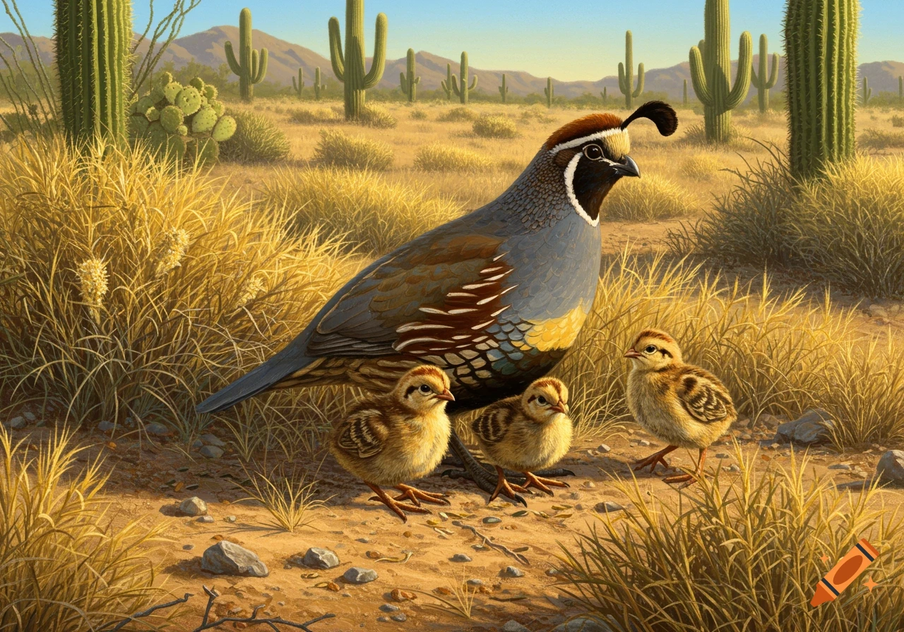 An adult quail stands with three chicks in a sunny desert landscape ...