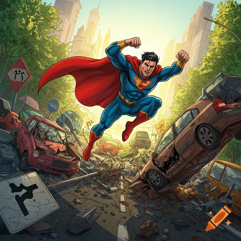 Superman flies over a destroyed city street with crashed cars, comic ...