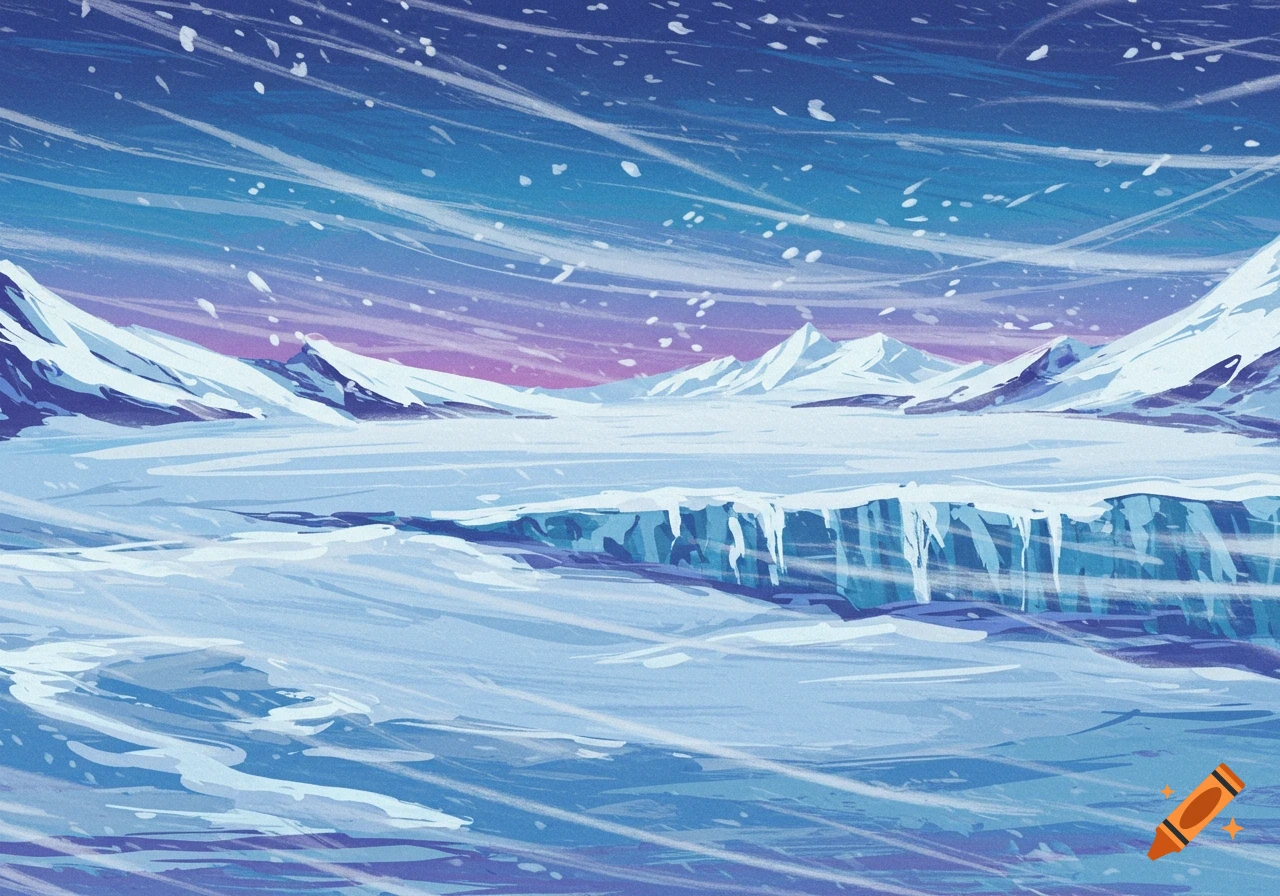 2D hand painted art of a frozen wasteland with mountains, ice, and snow ...