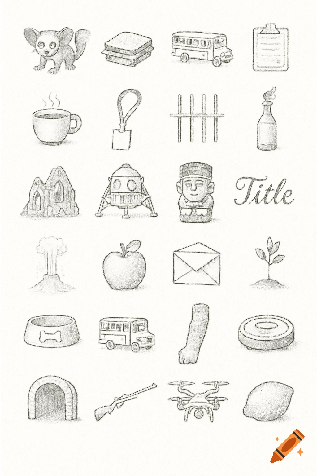 A grid of simple pencil drawings of various objects like animals ...