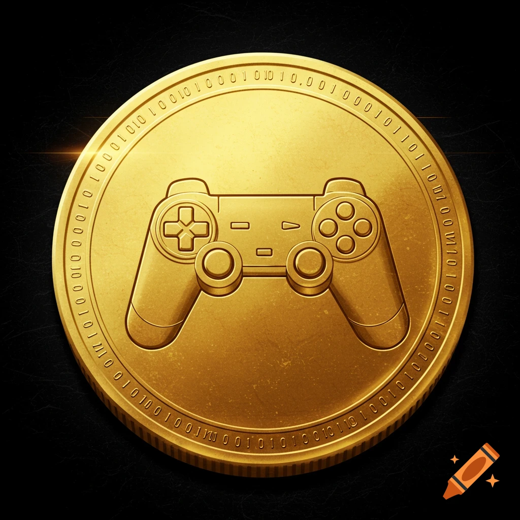 A detailed golden coin featuring a game controller in the center and ...