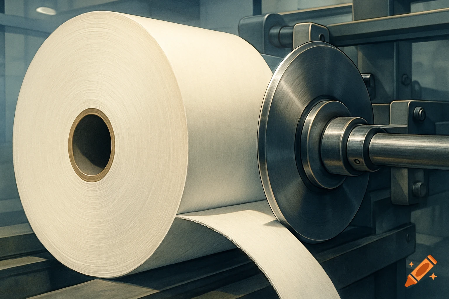 Detailed close-up illustration of a large roll of white paper being cut ...