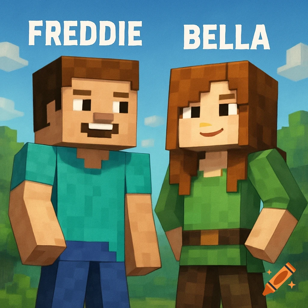 Blocky Minecraft characters Freddie and Bella standing outdoors. on Craiyon