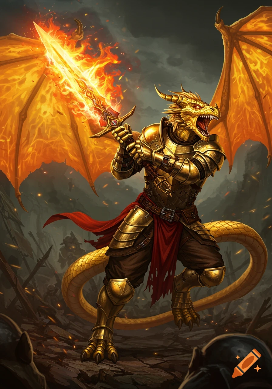 Golden dragonborn warrior in armor with flaming wings swings a flaming ...