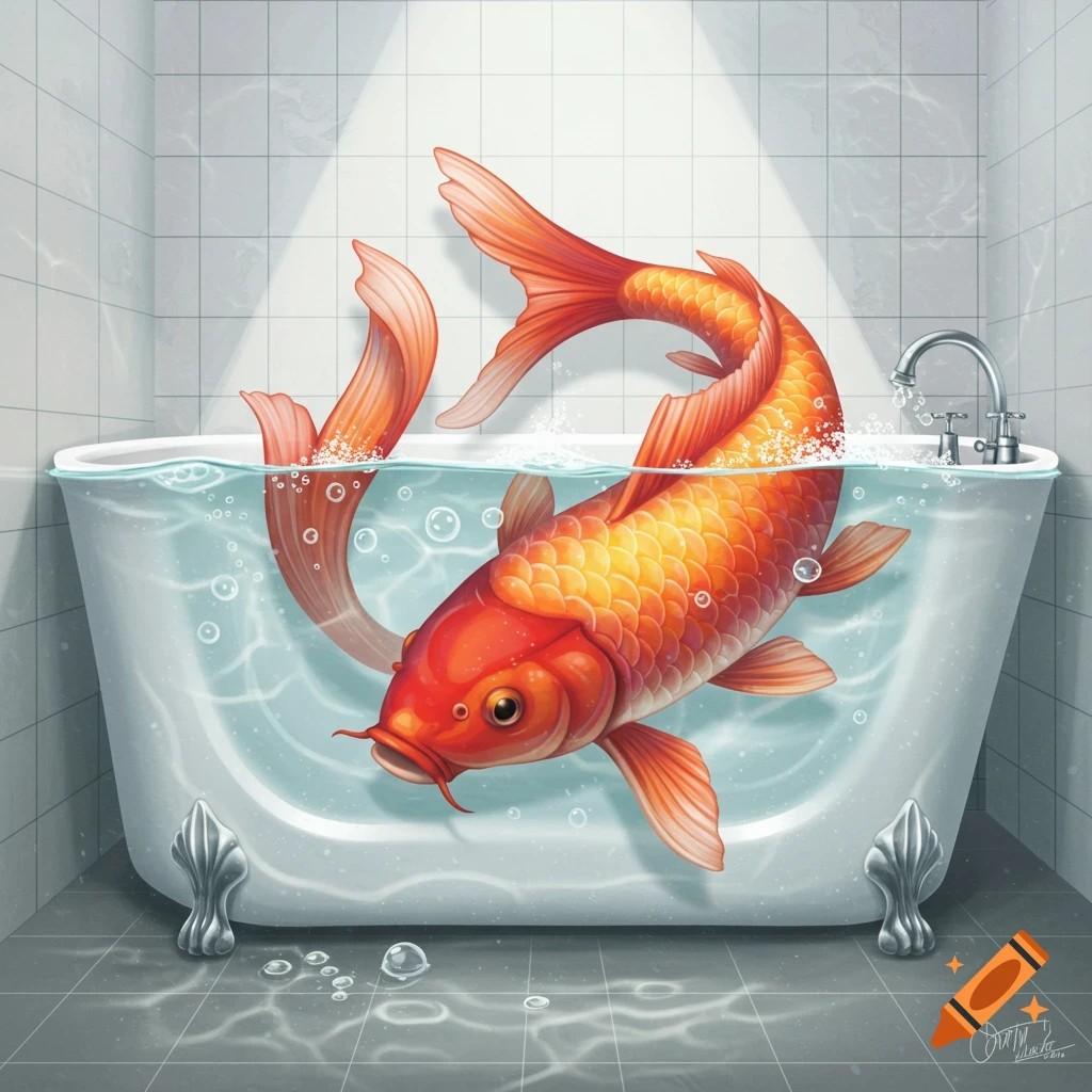 A large orange koi fish swims in a white bathtub. on Craiyon