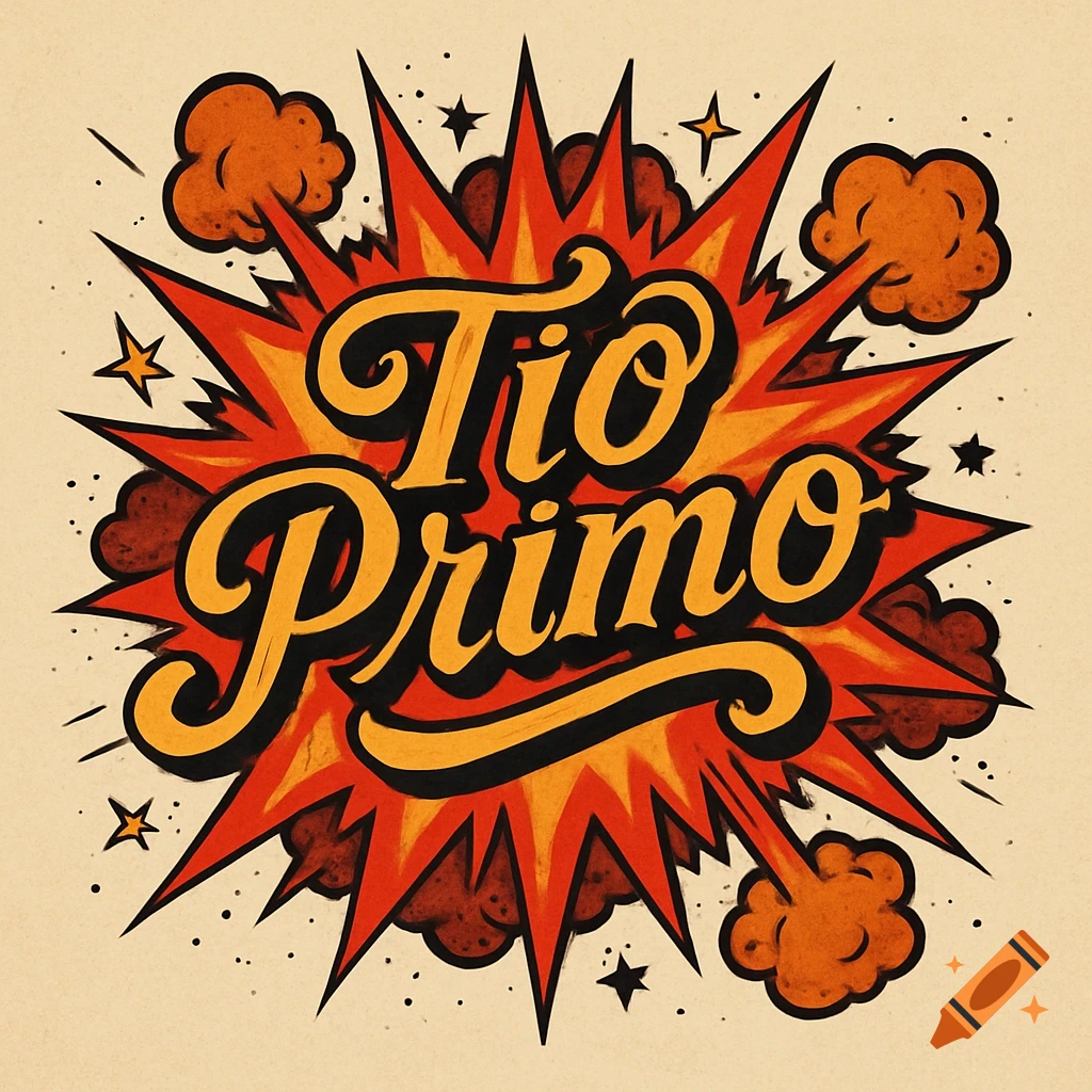 The words Tio Primo in fancy yellow and orange letters on a red and ...